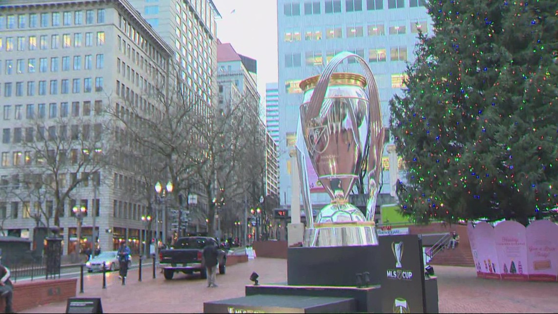 Timbers unveil giant MLS Cup trophy replica at Pioneer Square | kgw.com