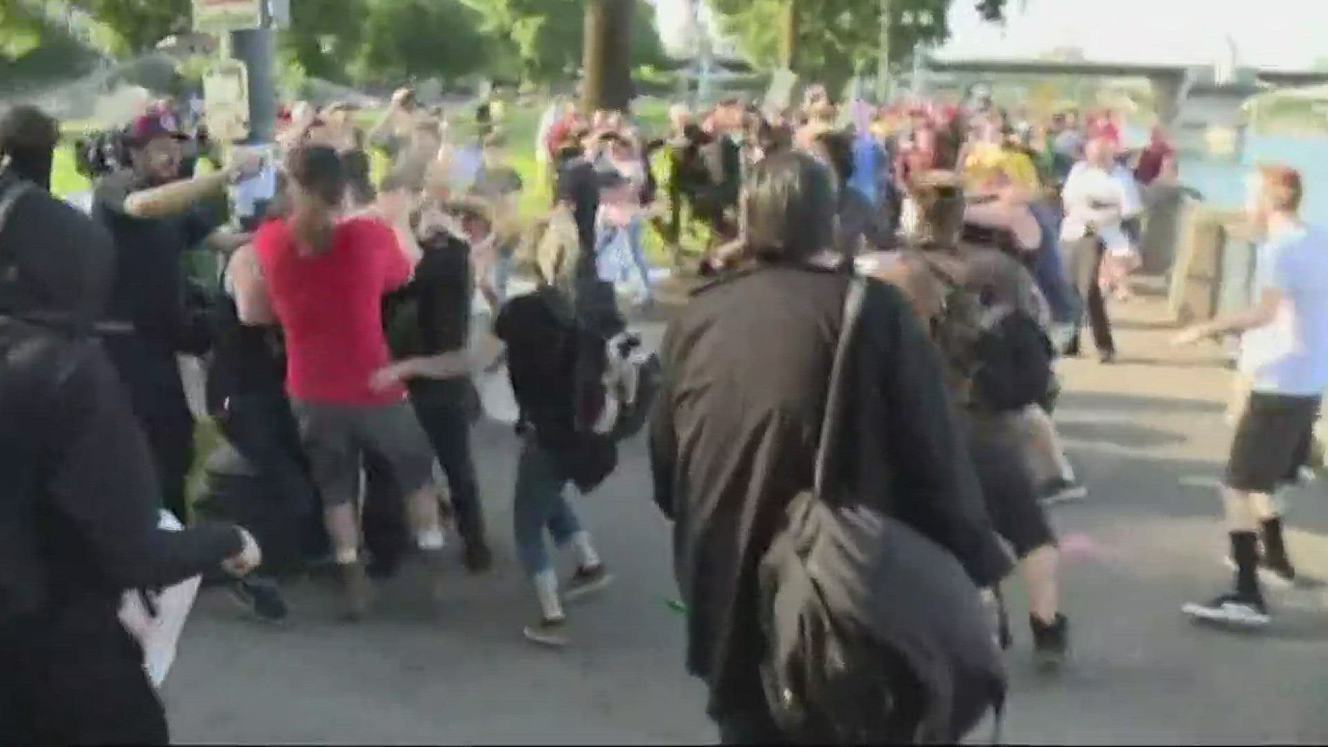 Demonstrators clash during 'Freedom March' at Portland waterfront | kgw.com