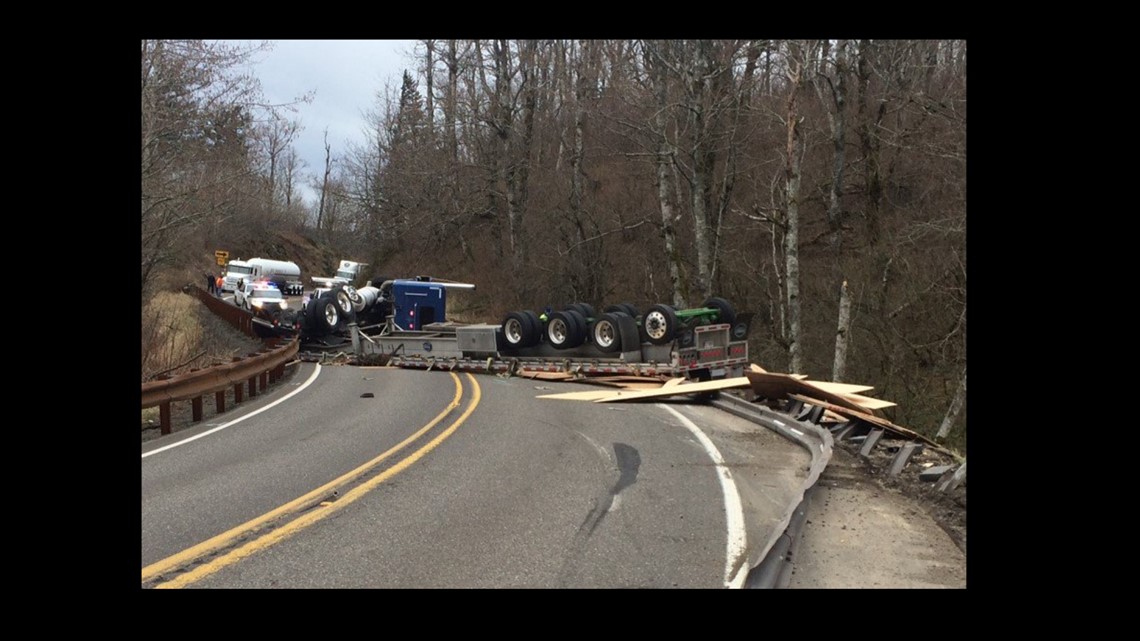 Rolled semi closes SR 14 west of Cape Horn Road | kgw.com