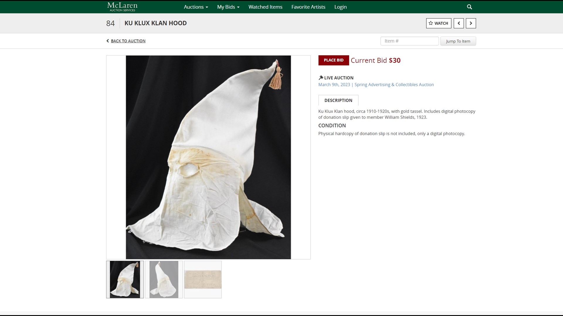 Oregon auction house removes Ku Klux Klan hood from bids | kgw.com