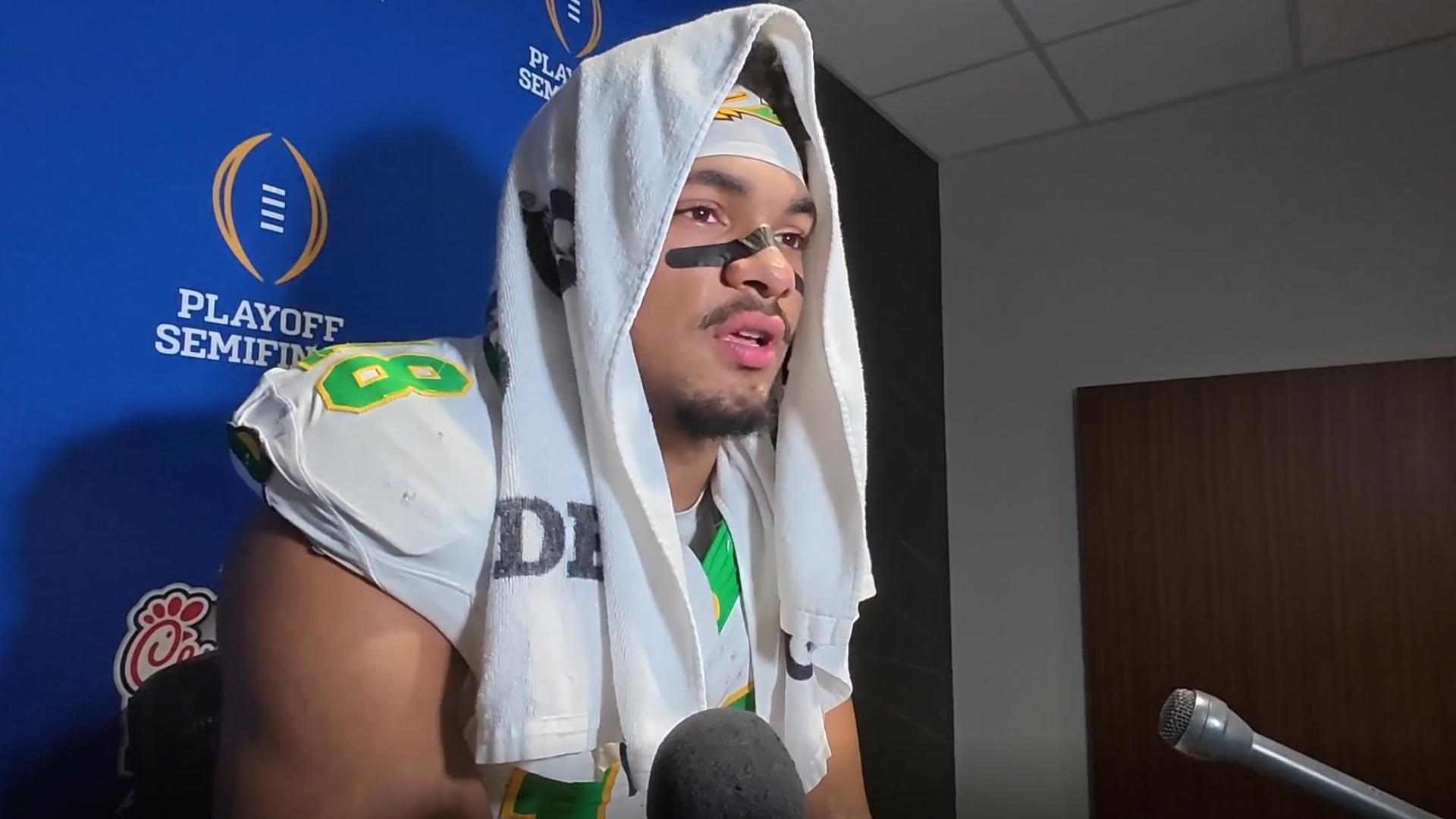 Peach Bowl postgame interviews | Ducks Teitum Tuioti, Kenyon Sadiq ...