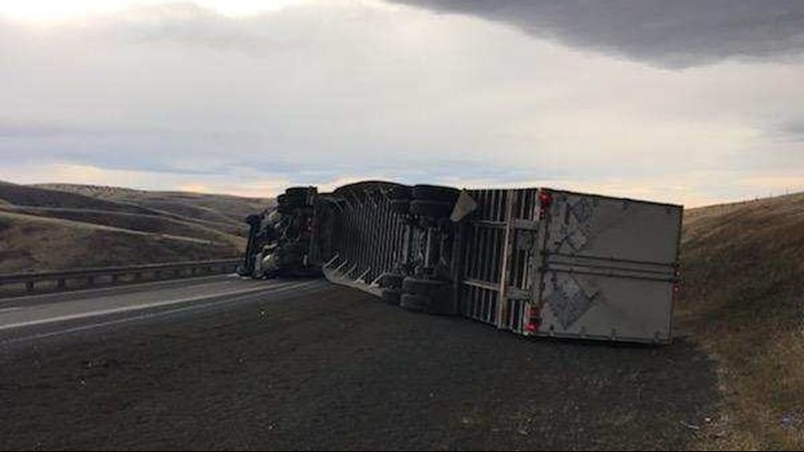 Semi-truck blown over on Interstate 84 in Eastern Oregon by strong ...